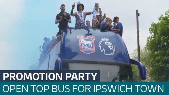 Promotion party for Ipswich Town as fans celebrate with open top bus ...