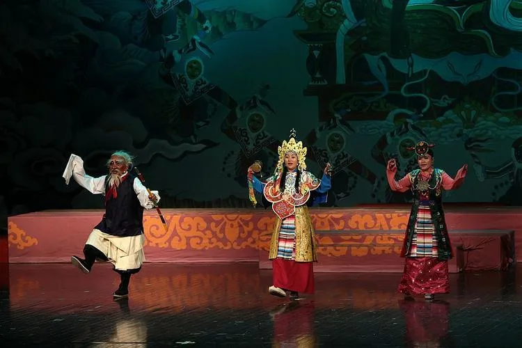 Traditional Tibetan opera set against the backdrop of the high plateau ...