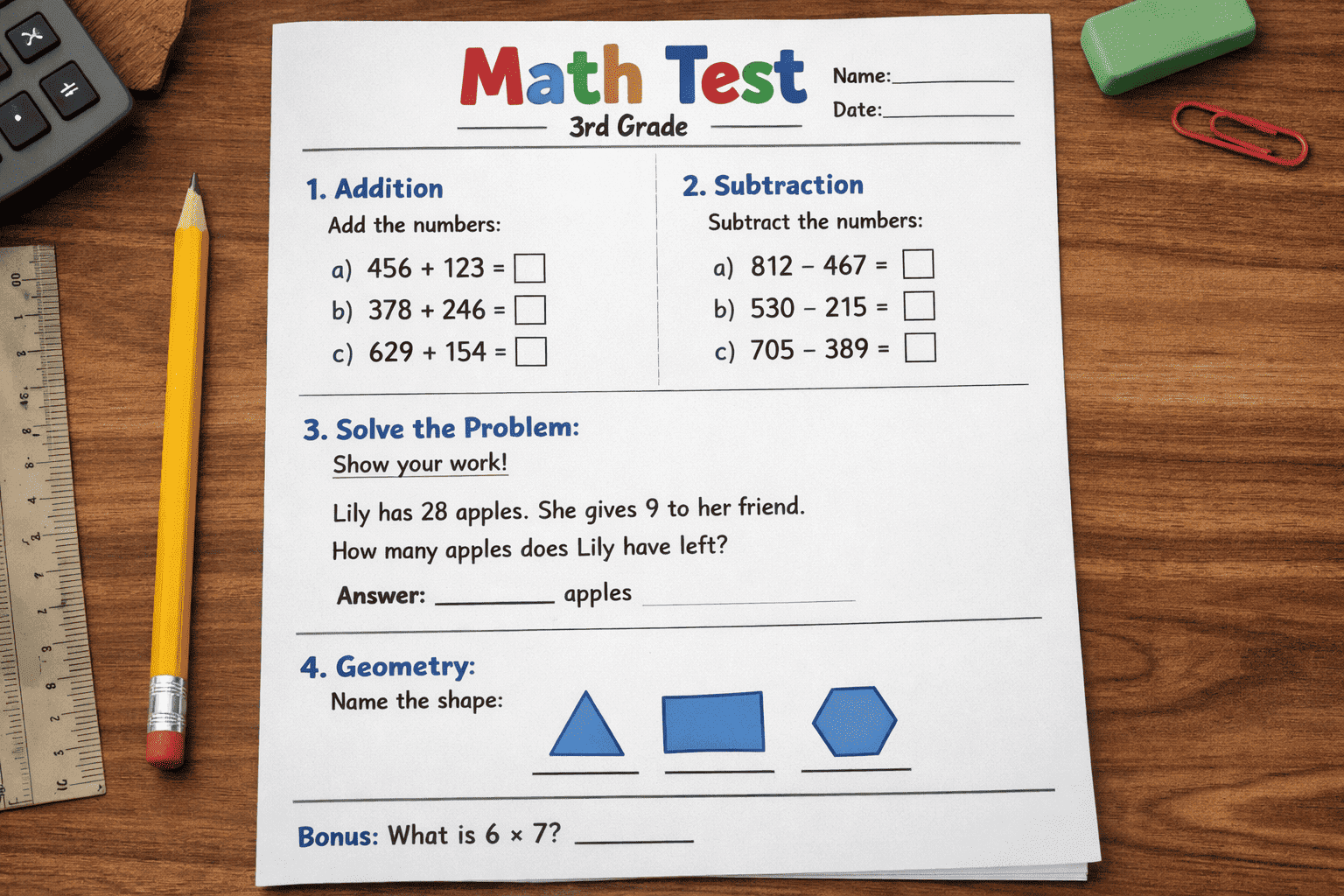 simple math test with answers