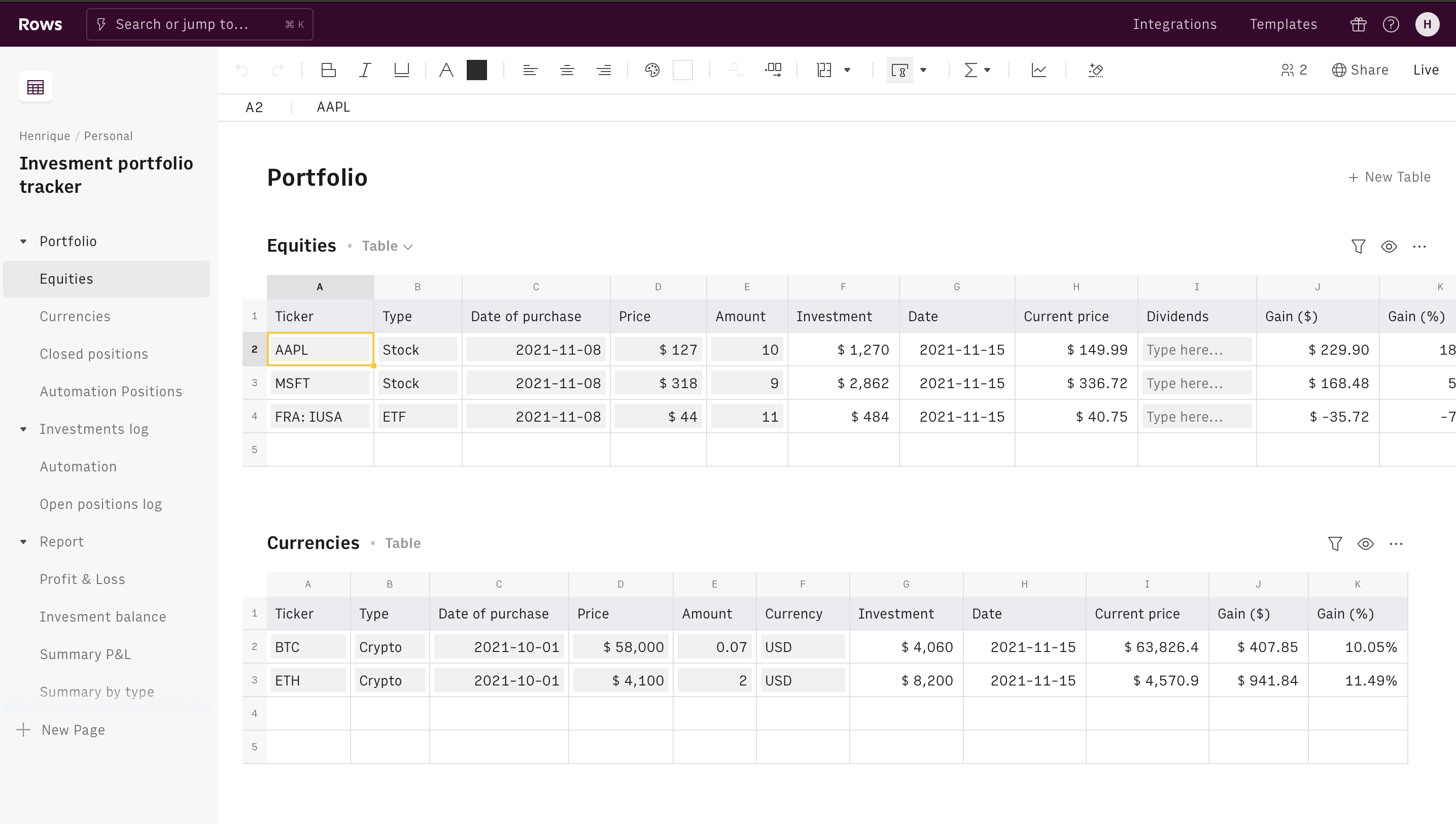 Rows | Investment portfolio tracker