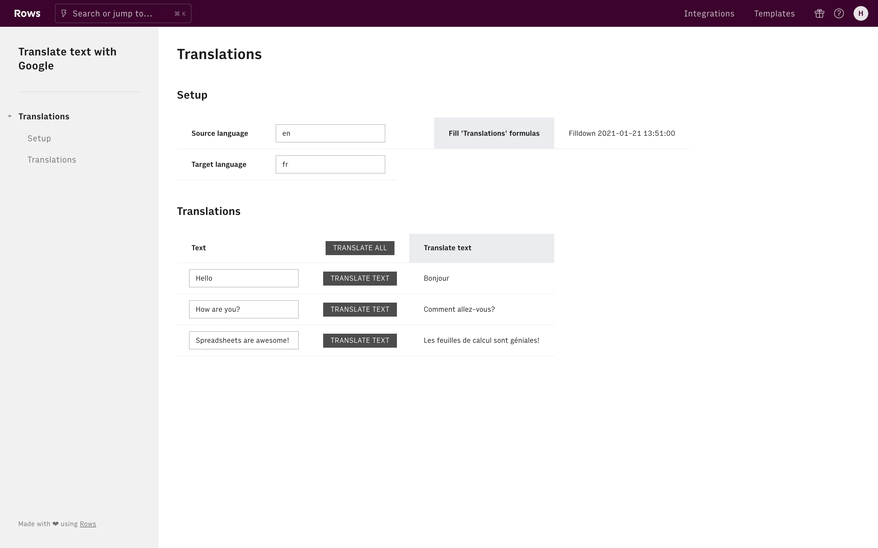 Rows | Translate text with Google
