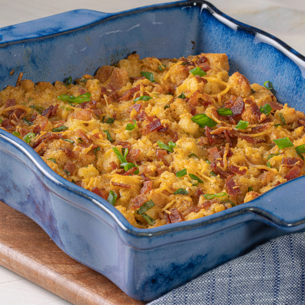Cheesy Bacon Skillet Stuffing Recipe | Hearty Comfort Food Side Dish ...
