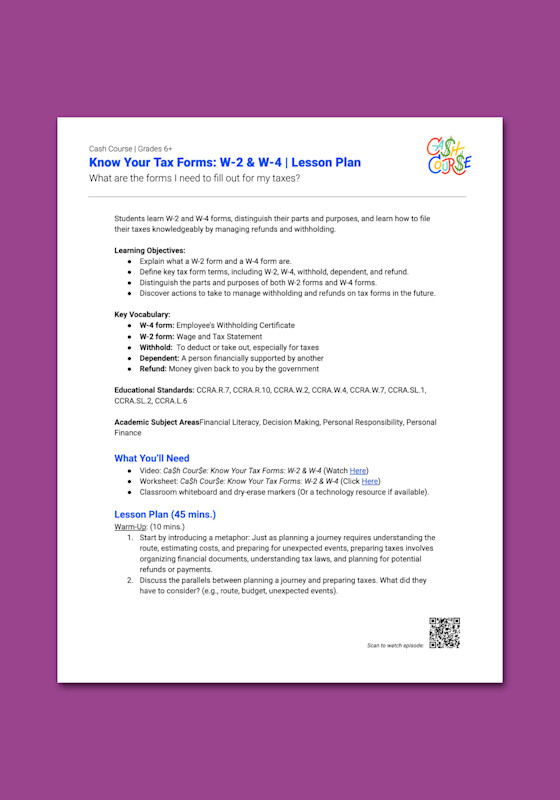 "Cash Course: Know Your Tax Forms: W-2 & W-4" Lesson Plan | PragerU