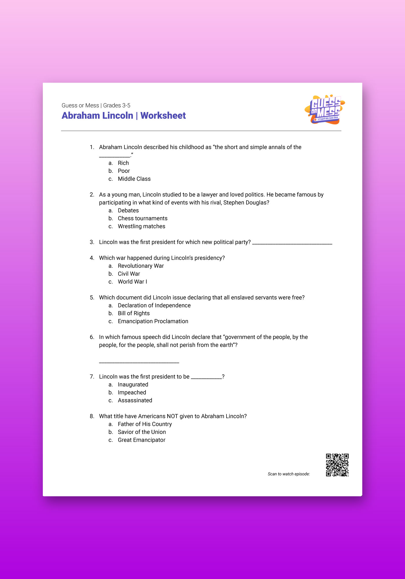Abraham Lincoln Worksheets Free