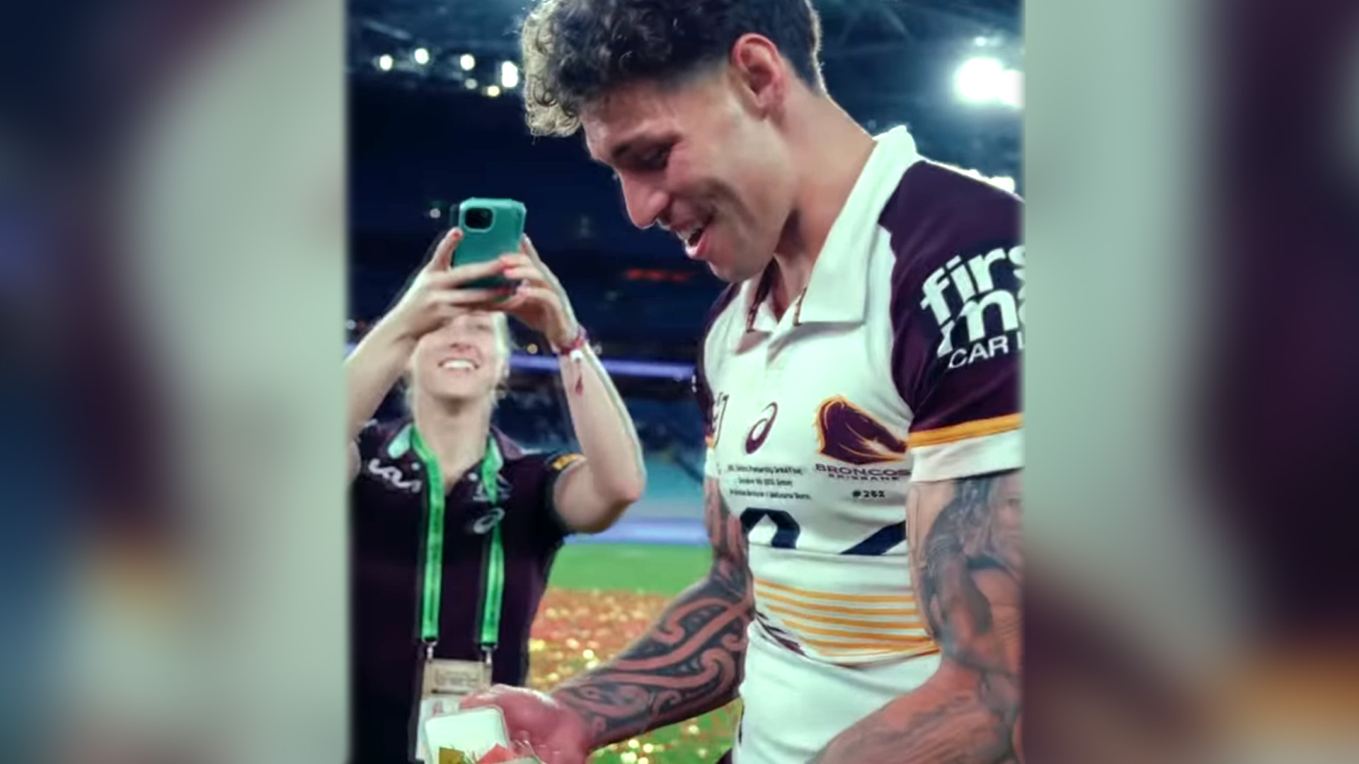 WATCH: Kiwi Bronco Jordan Riki takes piece of field home after NRL win ...