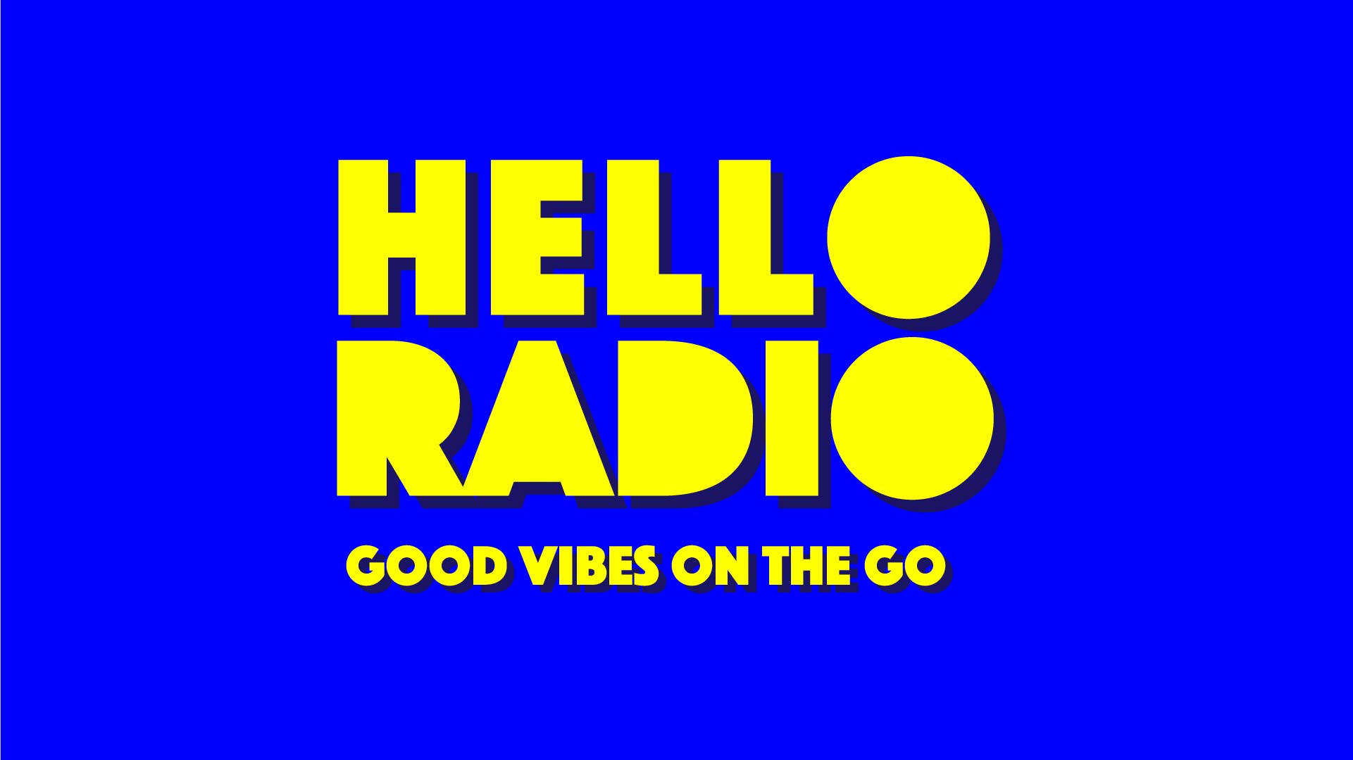 White and yellow Hello Radio logo on solid bright blue background