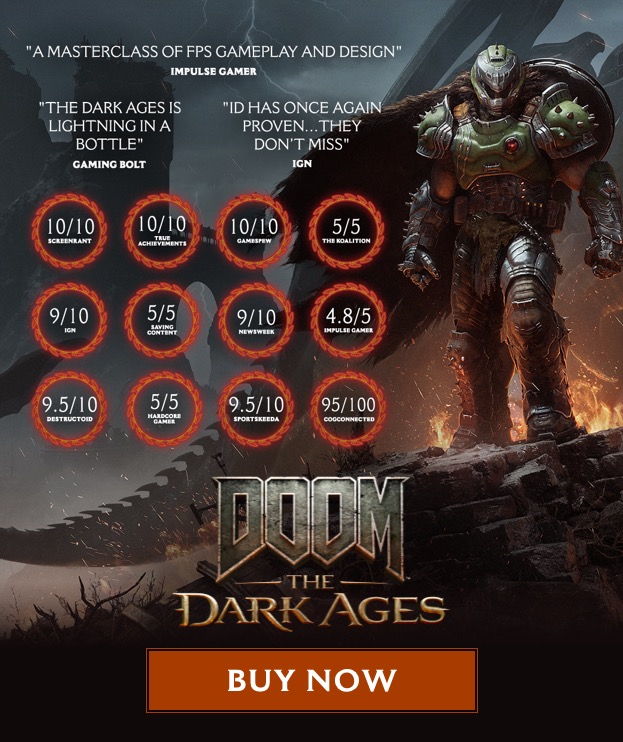 The DOOM Slayer stands next to review scores and praise for DOOM: The Dark Ages