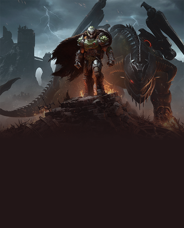 DOOM: The Dark Ages key art. The DOOM Slayer stands on a burning ...