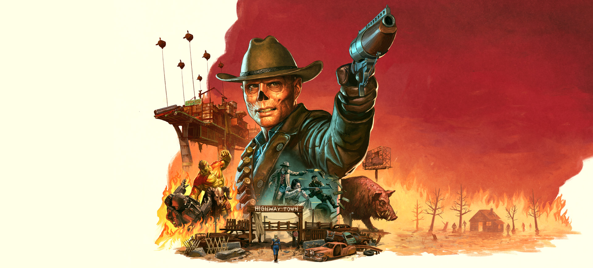 The Ghoul stands with his gun aimed above a Burning Springs collage