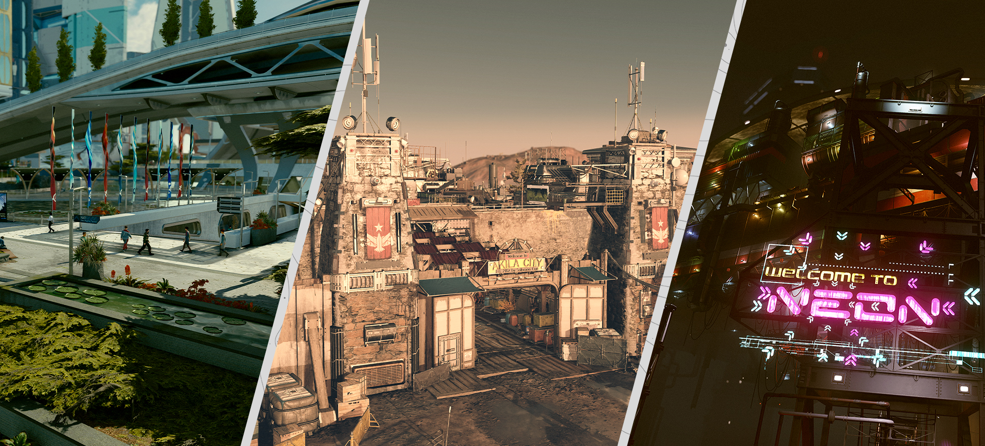 Compilation of beauty shots of New Atlantis, Akila City and Neon