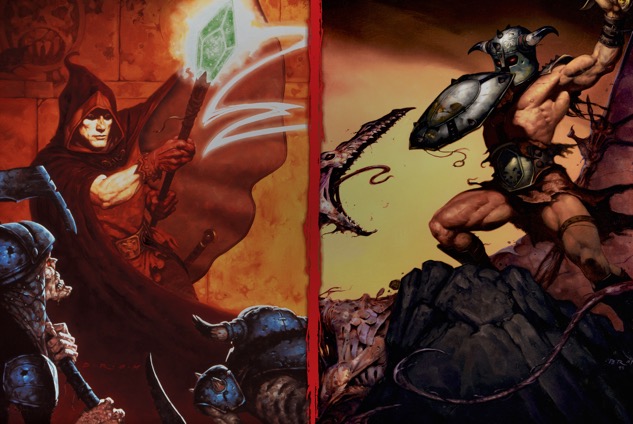 Heretic + HeXen key art - a wizard casts a spell and a warrior fights a ...