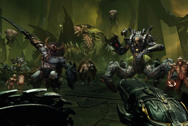 In first-person perspective, the DOOM Slayer faces off against a large ...