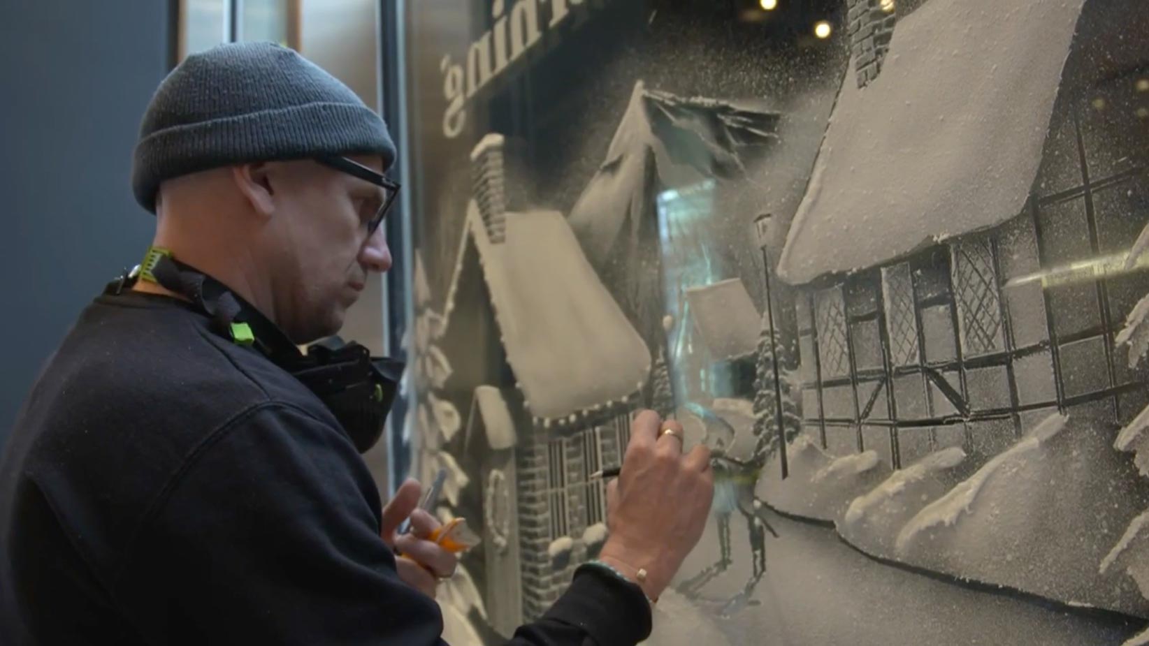 Snow artist Tom Baker transforms Television Centre with winter mural ...