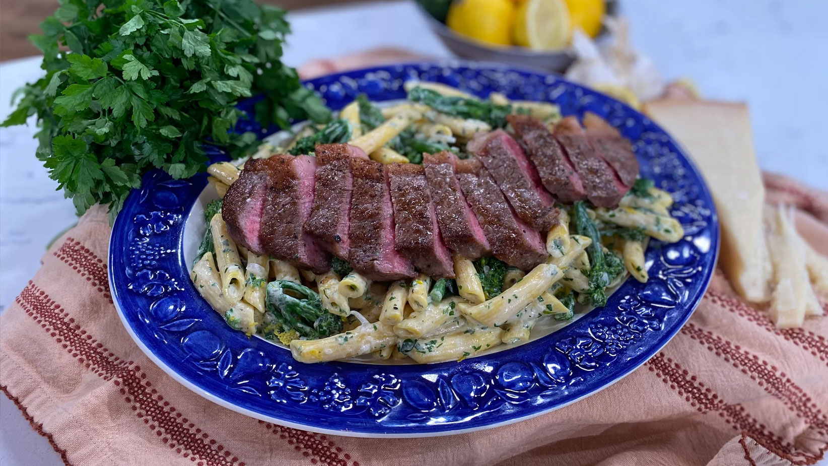 Elliott Grover's wagyu steak with creamy broccoli mascarpone pasta ...