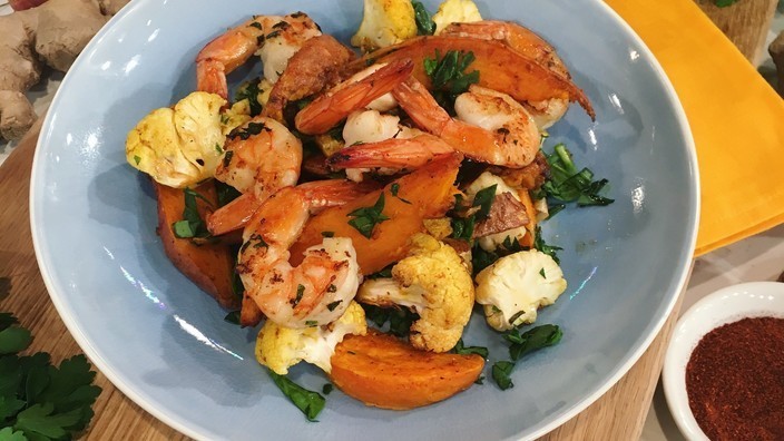 Dr Rupy Aujla's spiced cauliflower and sweet potato bake with prawns ...