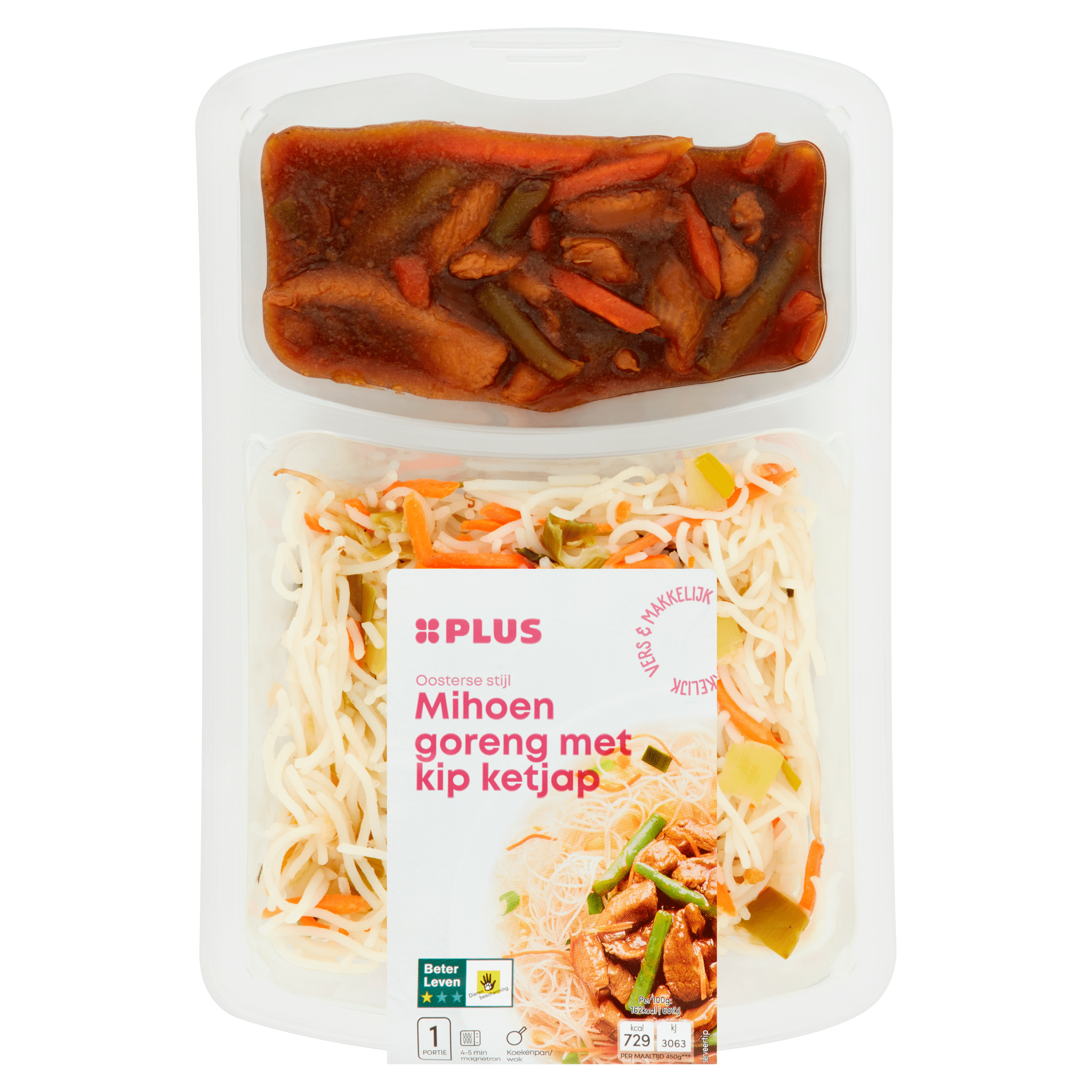 PLUS Kip ketjap met mihoen goreng Per Tray 450 g