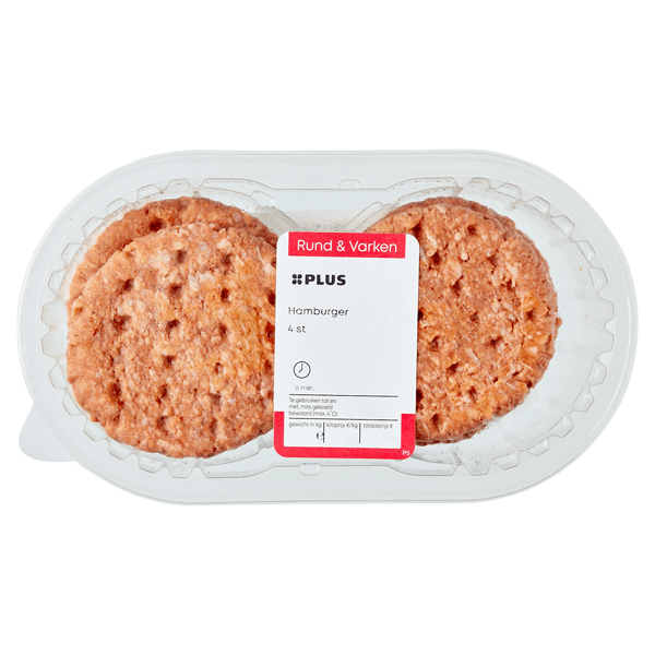 PLUS Hamburger varken-rund 4st Per Tray 320 g