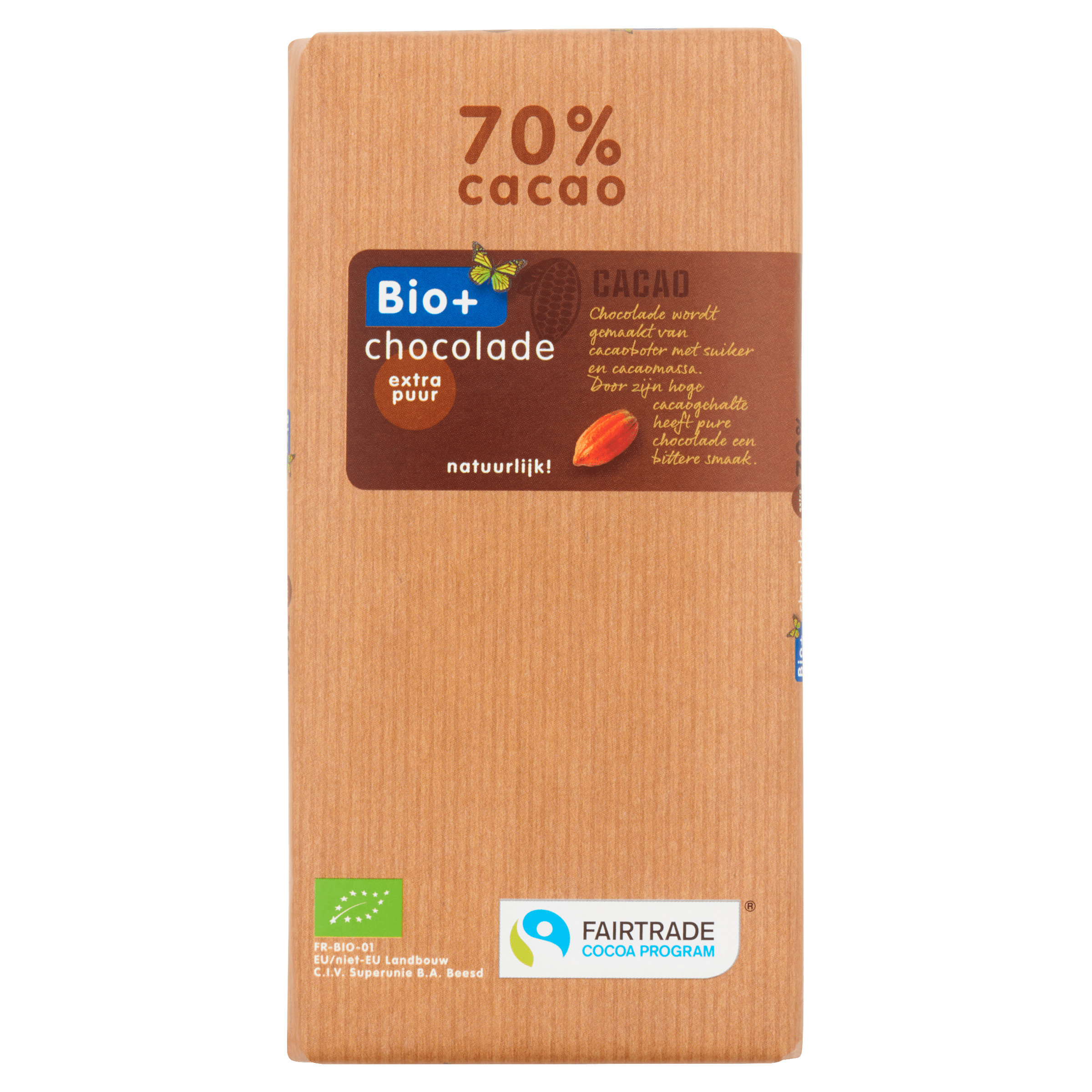 BIO+ Chocoladereep puur 70% cacao Fairtrade Per Krimp 100 g