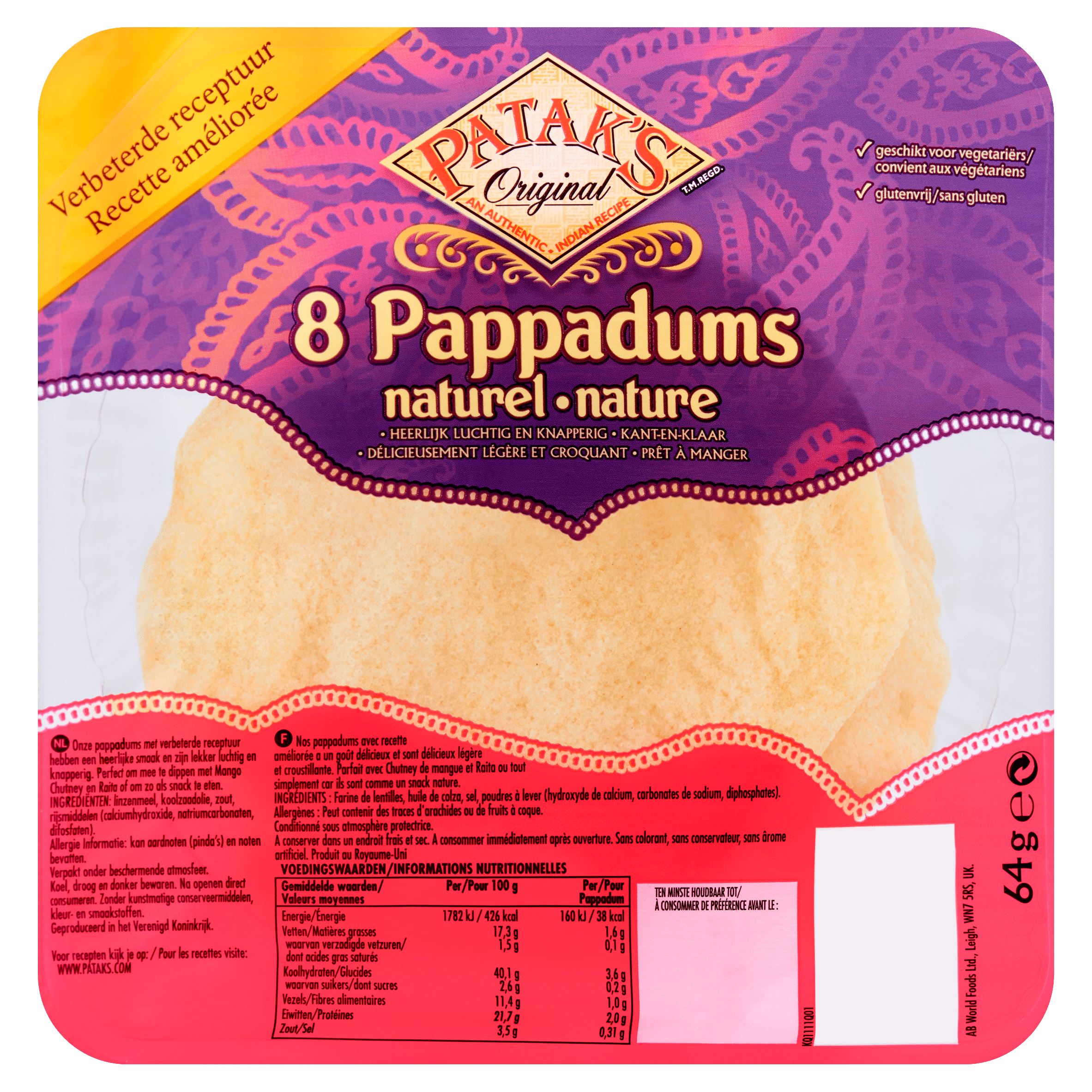 Patak's Pappadums ready to eat Per Pak 64 g