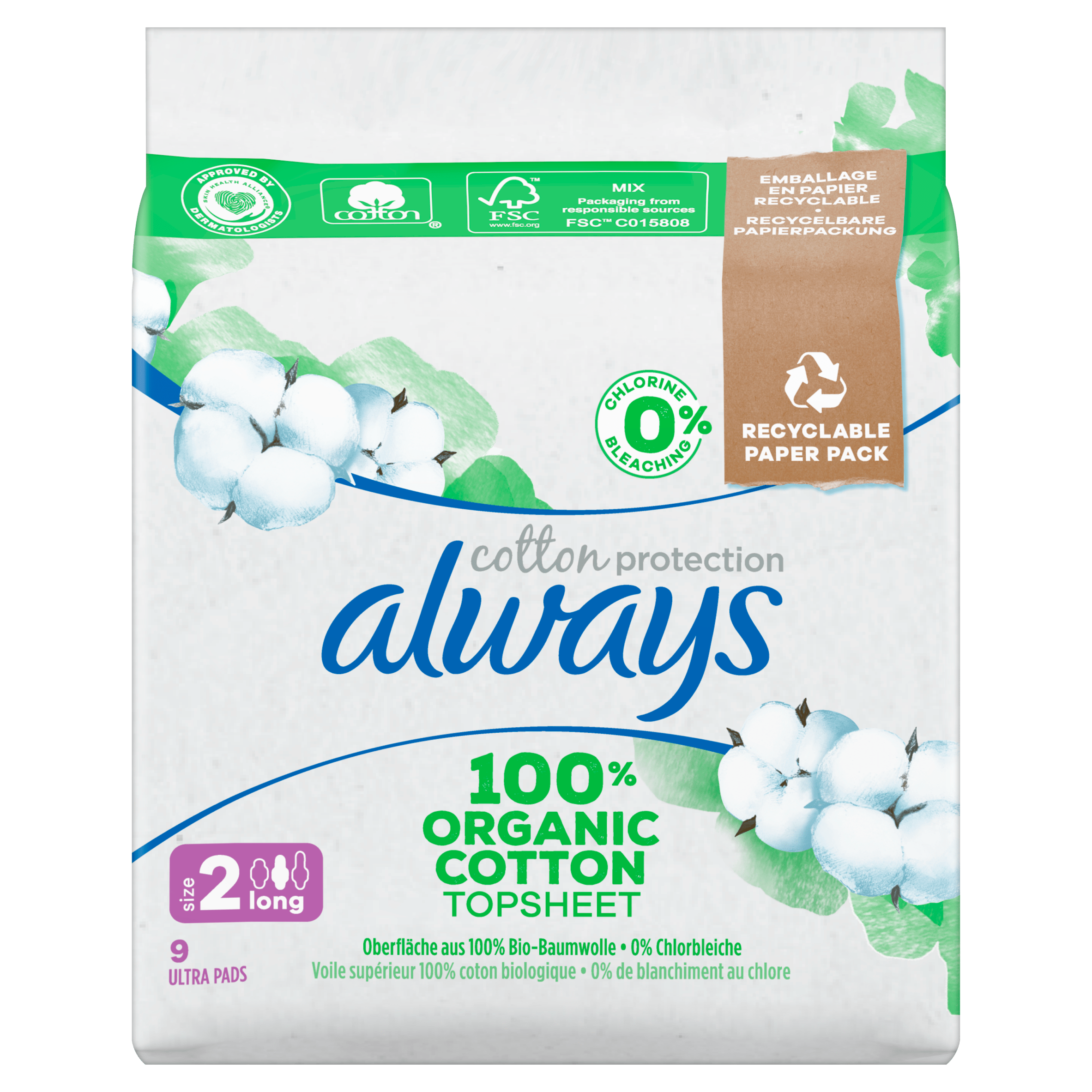Always Bio cotton maandverband long plus Per Zak 9 st