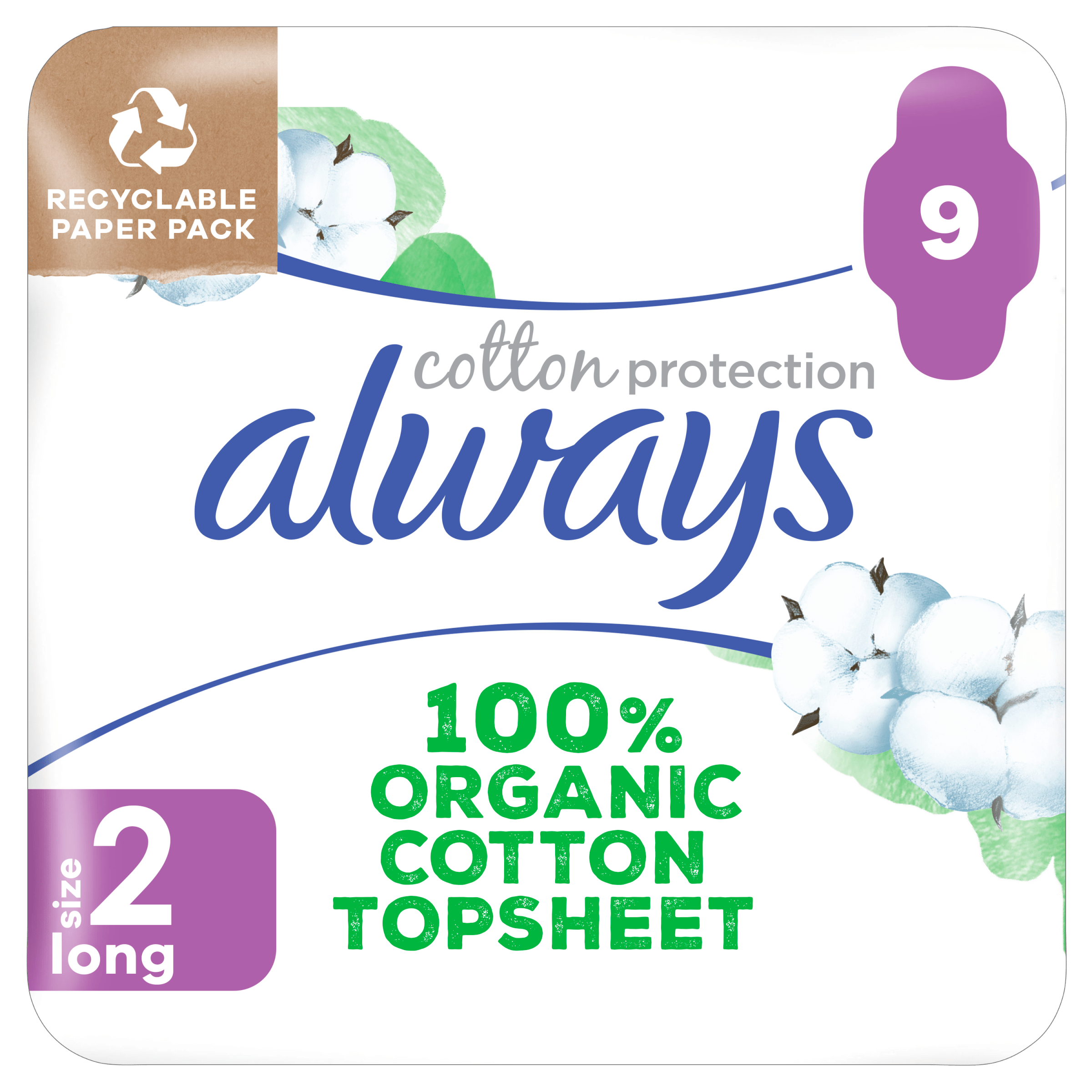 Always Bio cotton maandverband long plus Per Zak 9 st