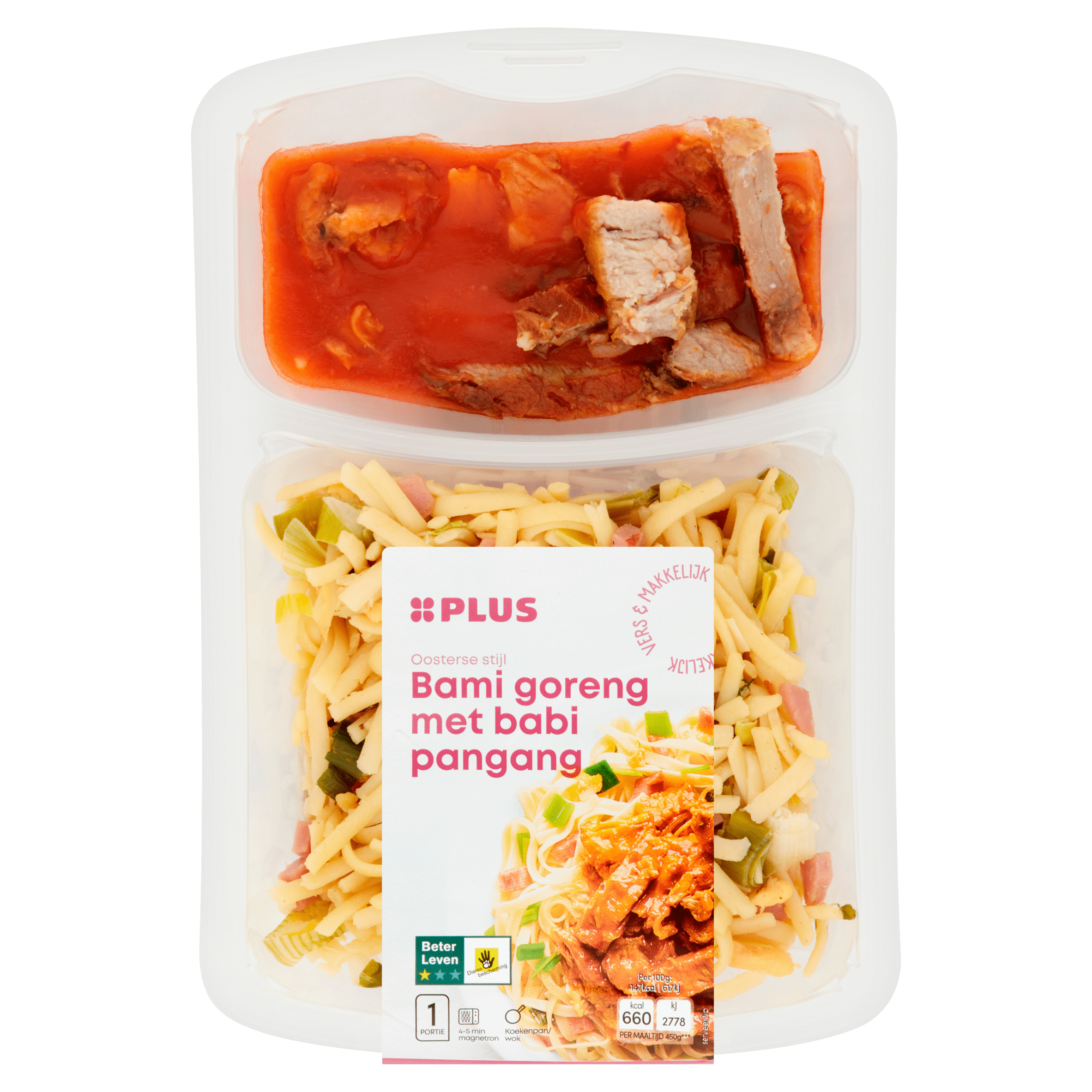 PLUS Bami Goreng met krokante Babi Pangang Per Tray 450 g