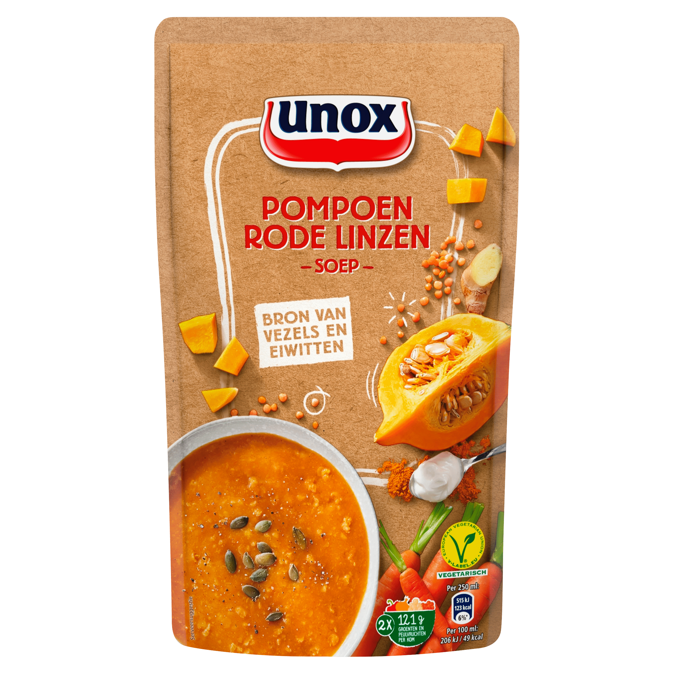 Unox Soep in zak pompoensoep wortel linzen Per Zak 570 ml