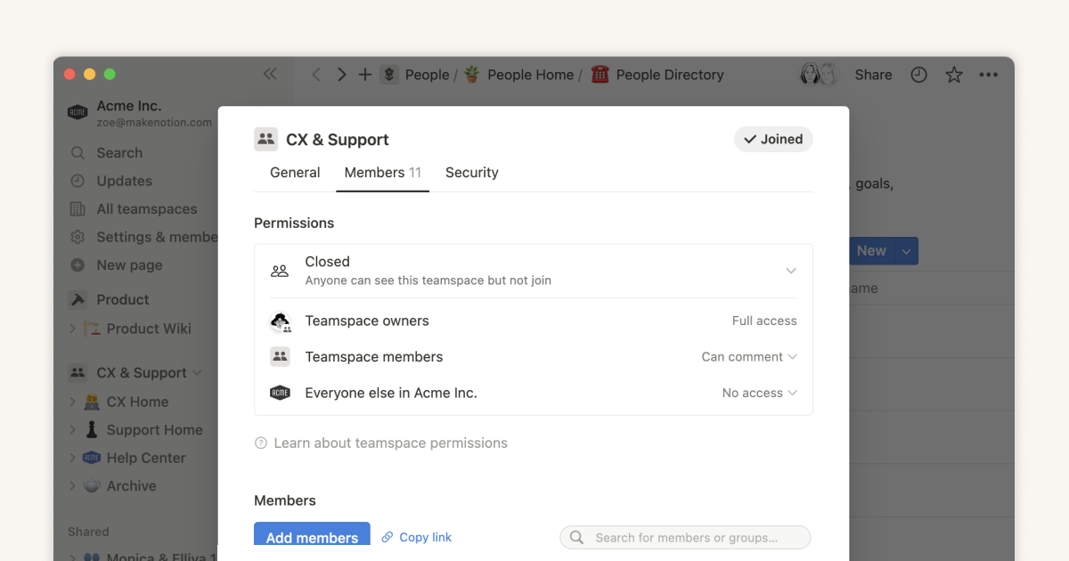Grant the right level of access with teamspaces and groups