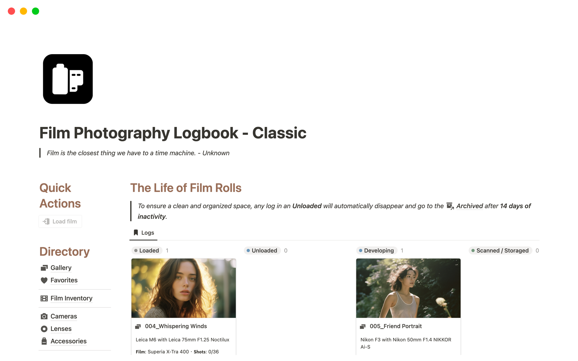 Film Photography Logbook - Classic Template by Tí | Notion Marketplace