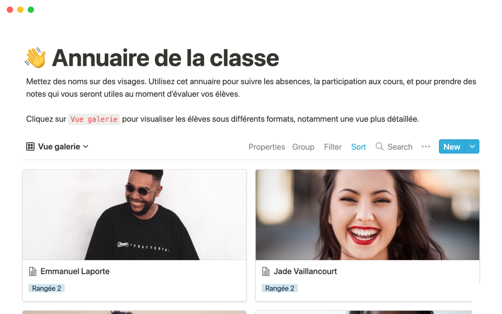 Galerie de modèles Notion – Annuaire de la classe