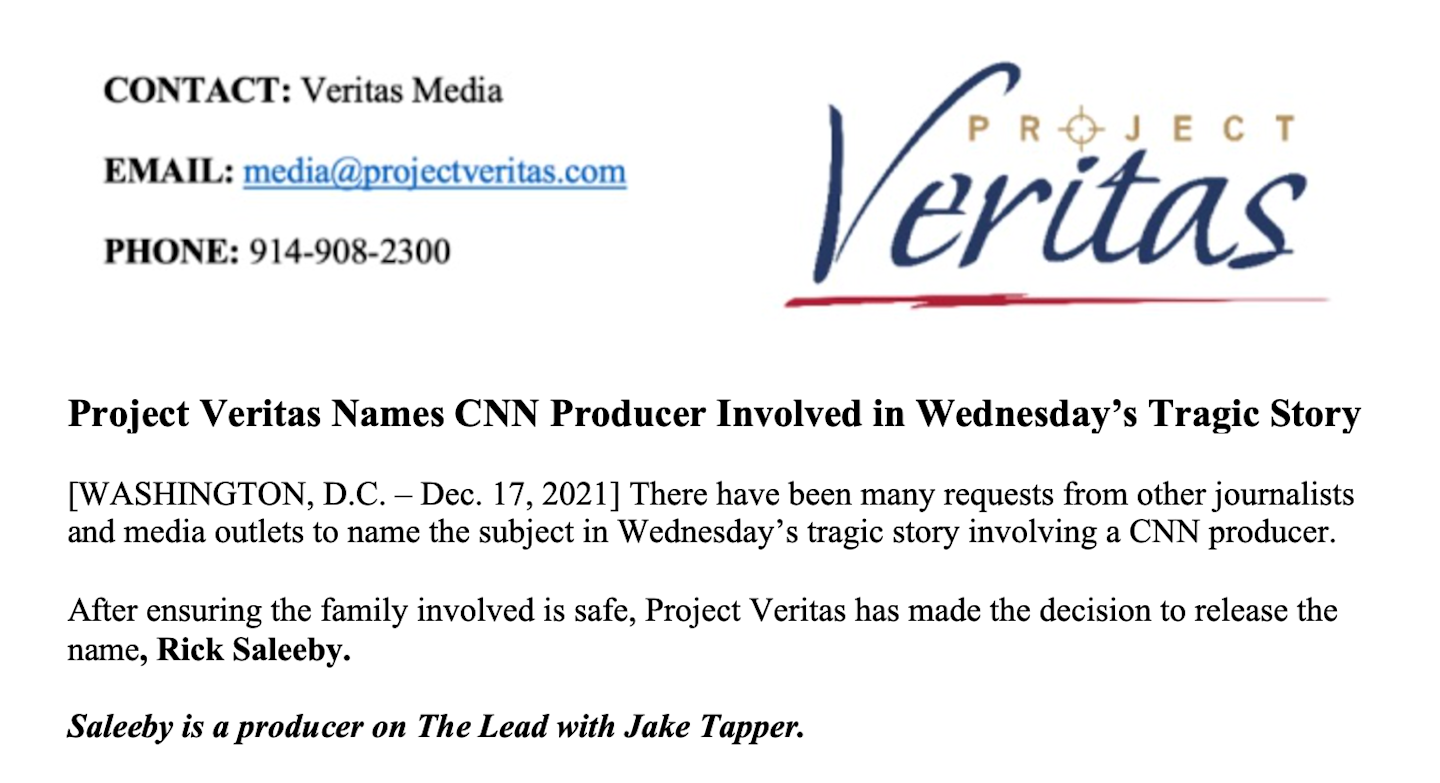 Project Veritas Names CNN Producer Involved in Wednesday’s Tragic Story ...