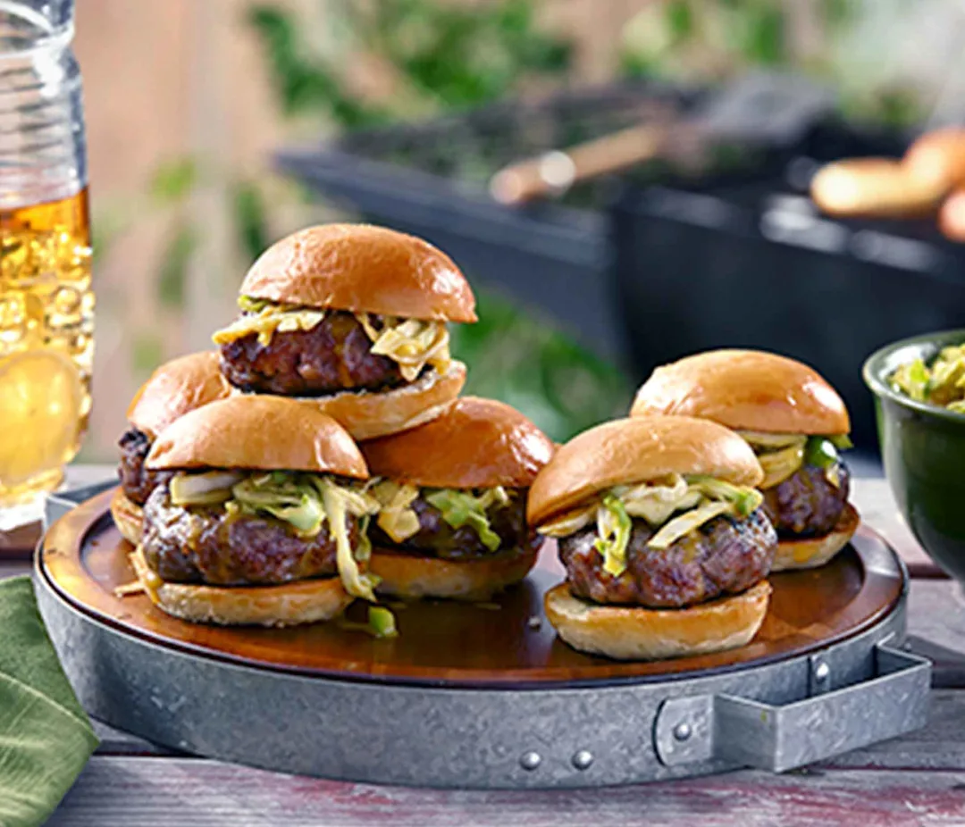 Brat Burgers with Spicy Beer Slaw | Kingsford™