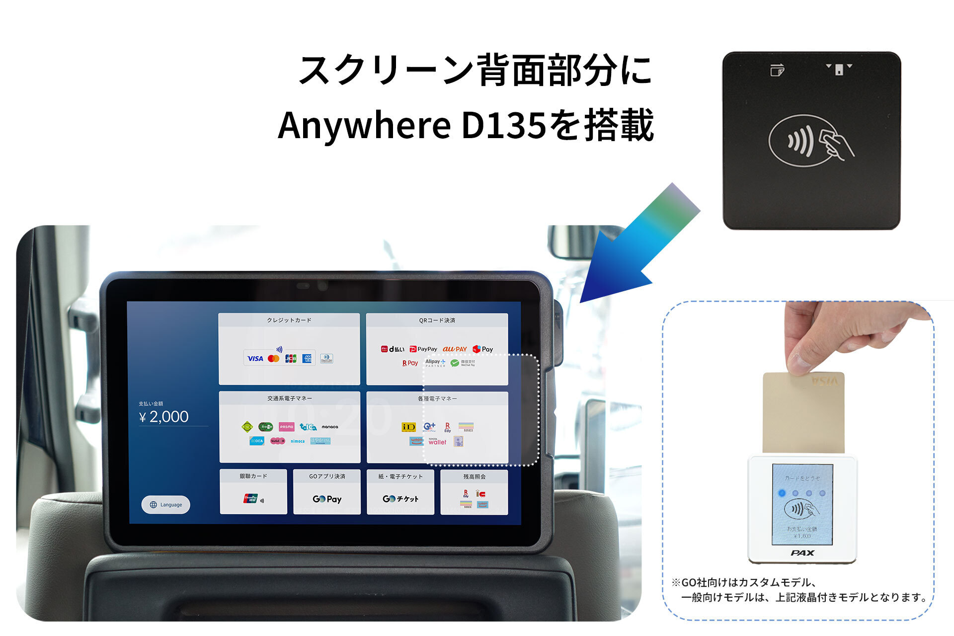 GO株式会社が展開するタクシー車両後部座席タブレットに、キャッシュレス決済ソリューション「Anywhere D135」が導入開始 - Infcurion, Inc.