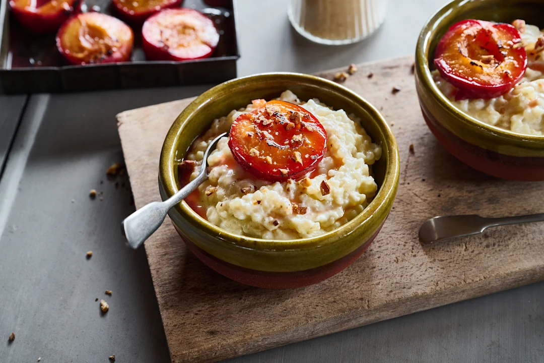 Rice Pudding with Baked Plums - Yeo Valley Organic