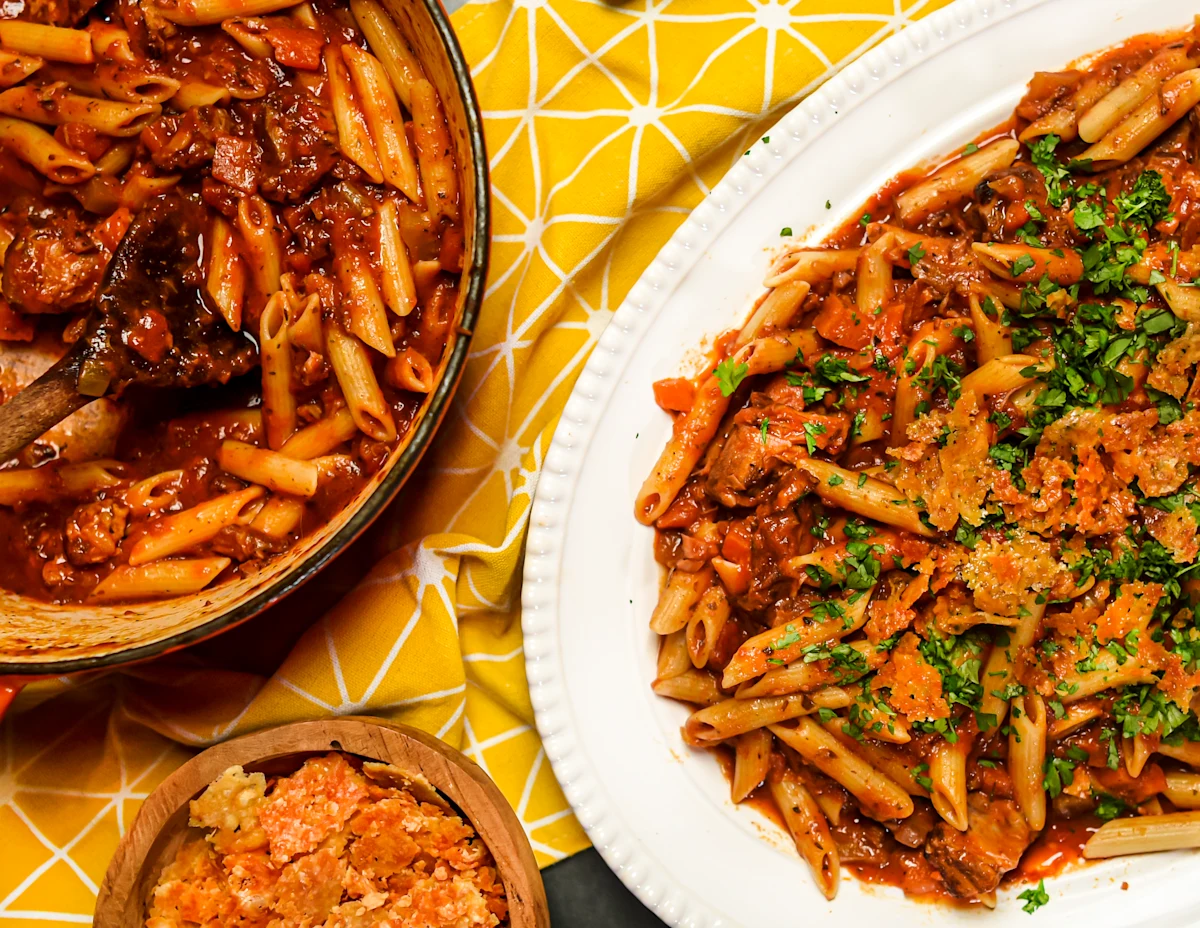 Slow Braised Lamb Shoulder Penne Pasta Ragu with Cheddar Shards - Yeo ...