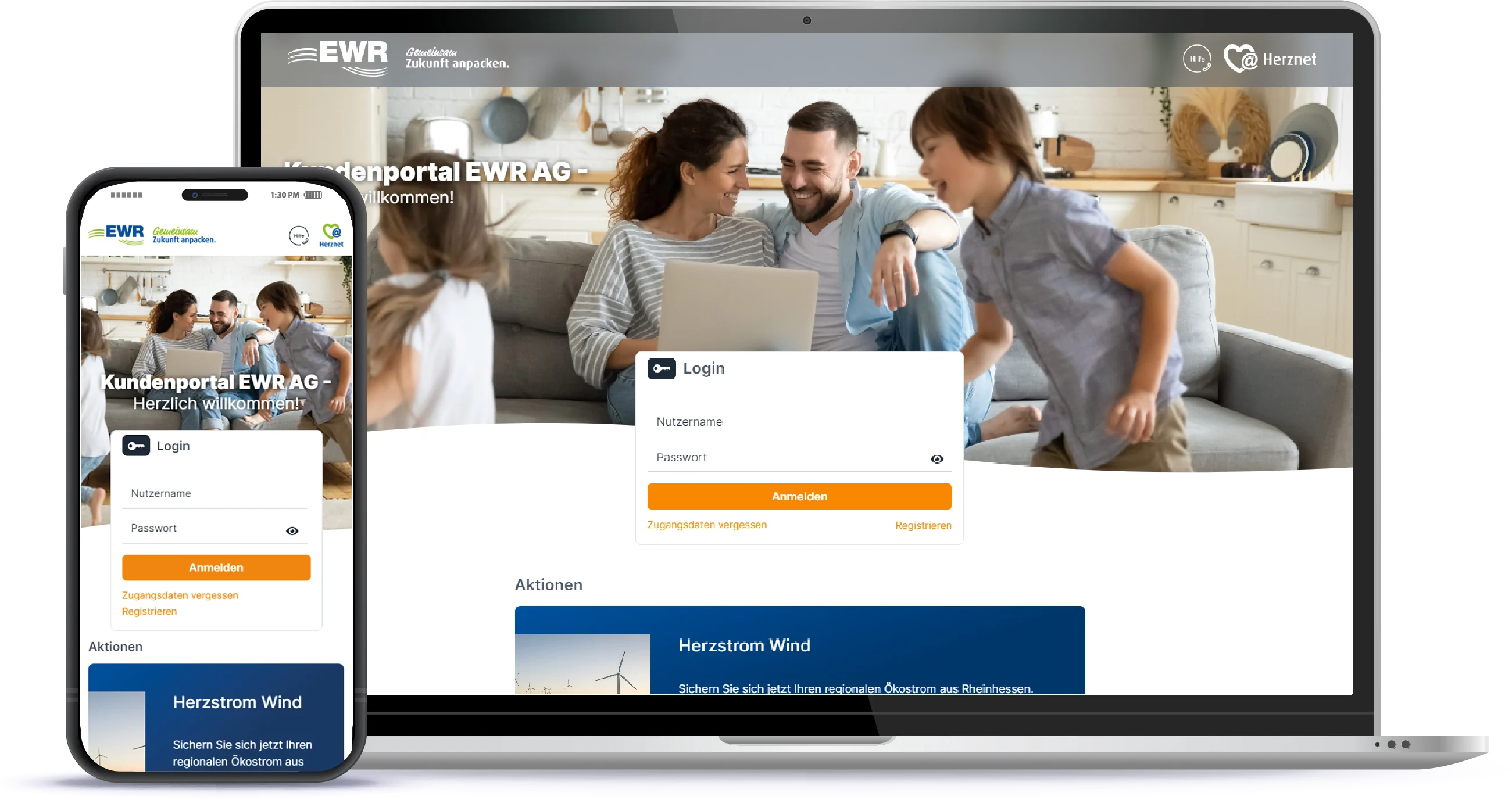 Ansicht des EWR Kundenportal auf Laptop und Smartphone