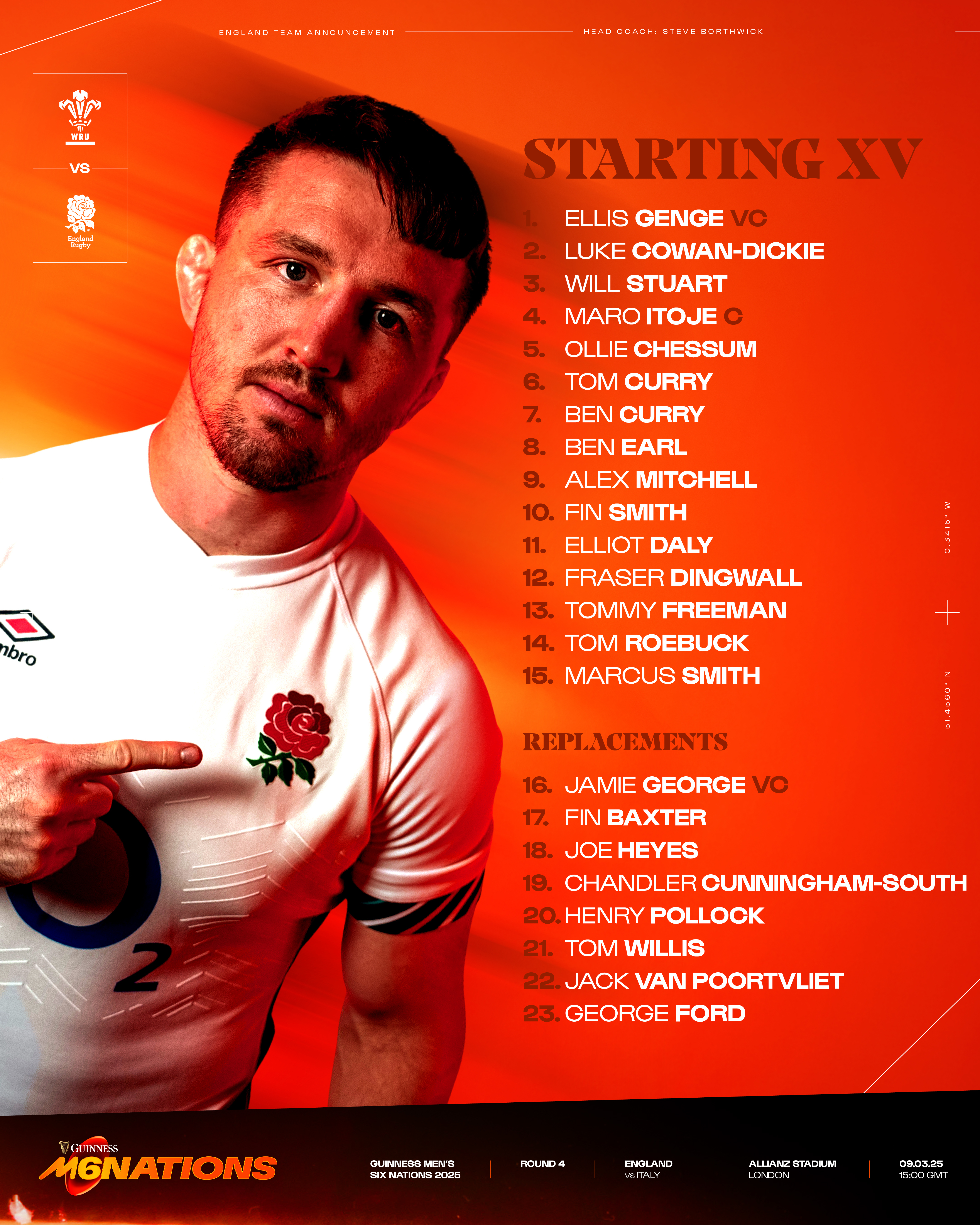 Team news | England team to face Wales | 2025 Guinness Men's Six ...