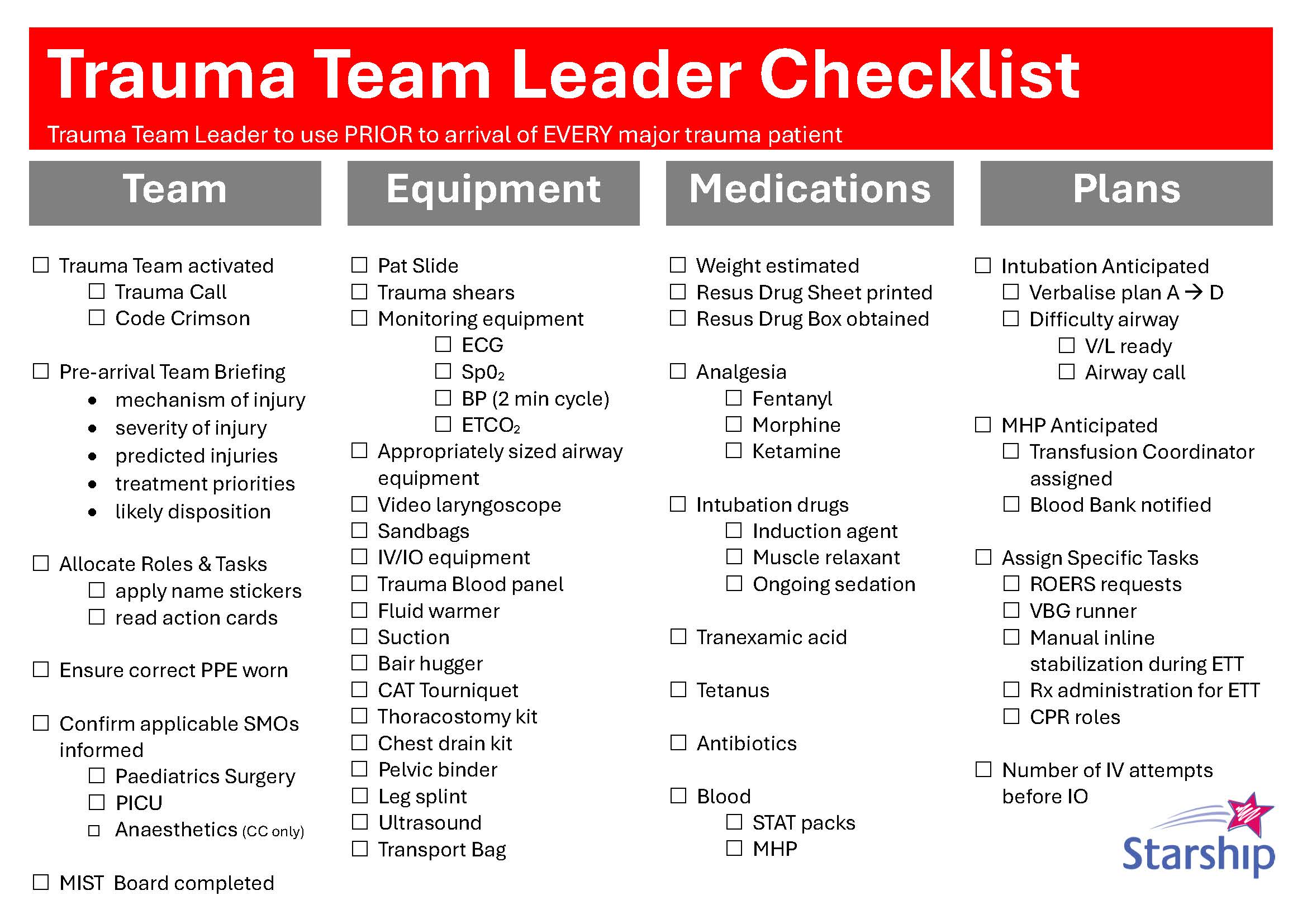 Trauma team leader checklist