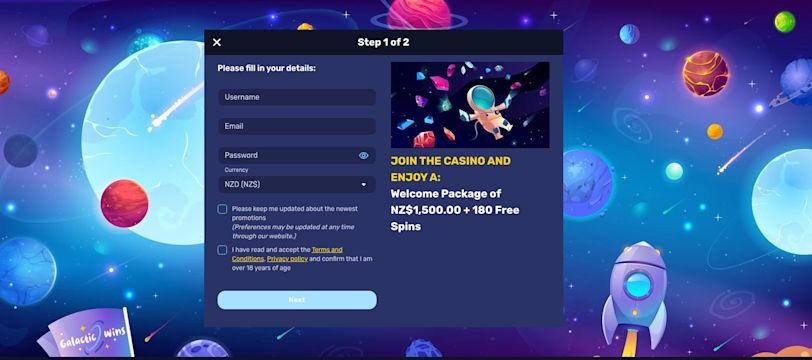 Galactic Wins Casino NZ - Up to $1,500 + 180 Free Spins 🏆