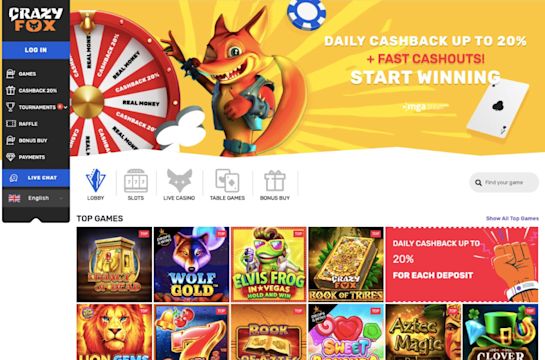 CrazyFox casino review 2024 - 20% cashback on all deposits