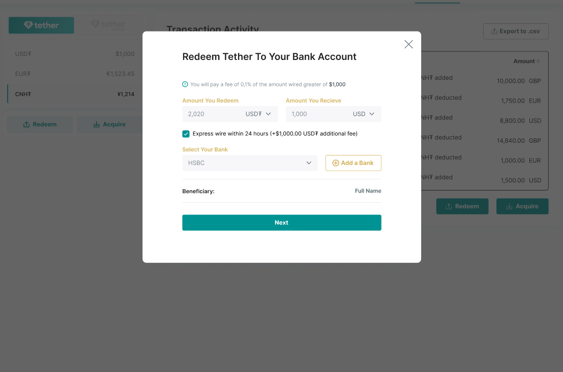 Knowledge Base | Redeem TETHER tokens to fiat currency