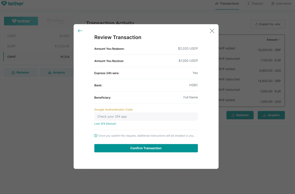 Knowledge Base | Redeem TETHER tokens to fiat currency
