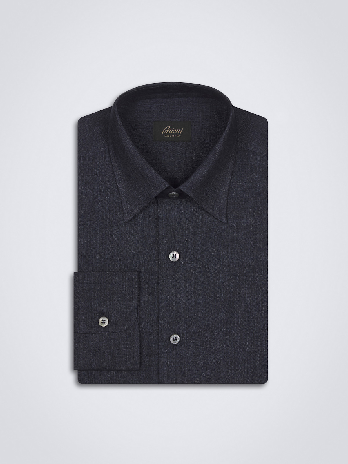 Navy blue linen hidden button-down shirt
