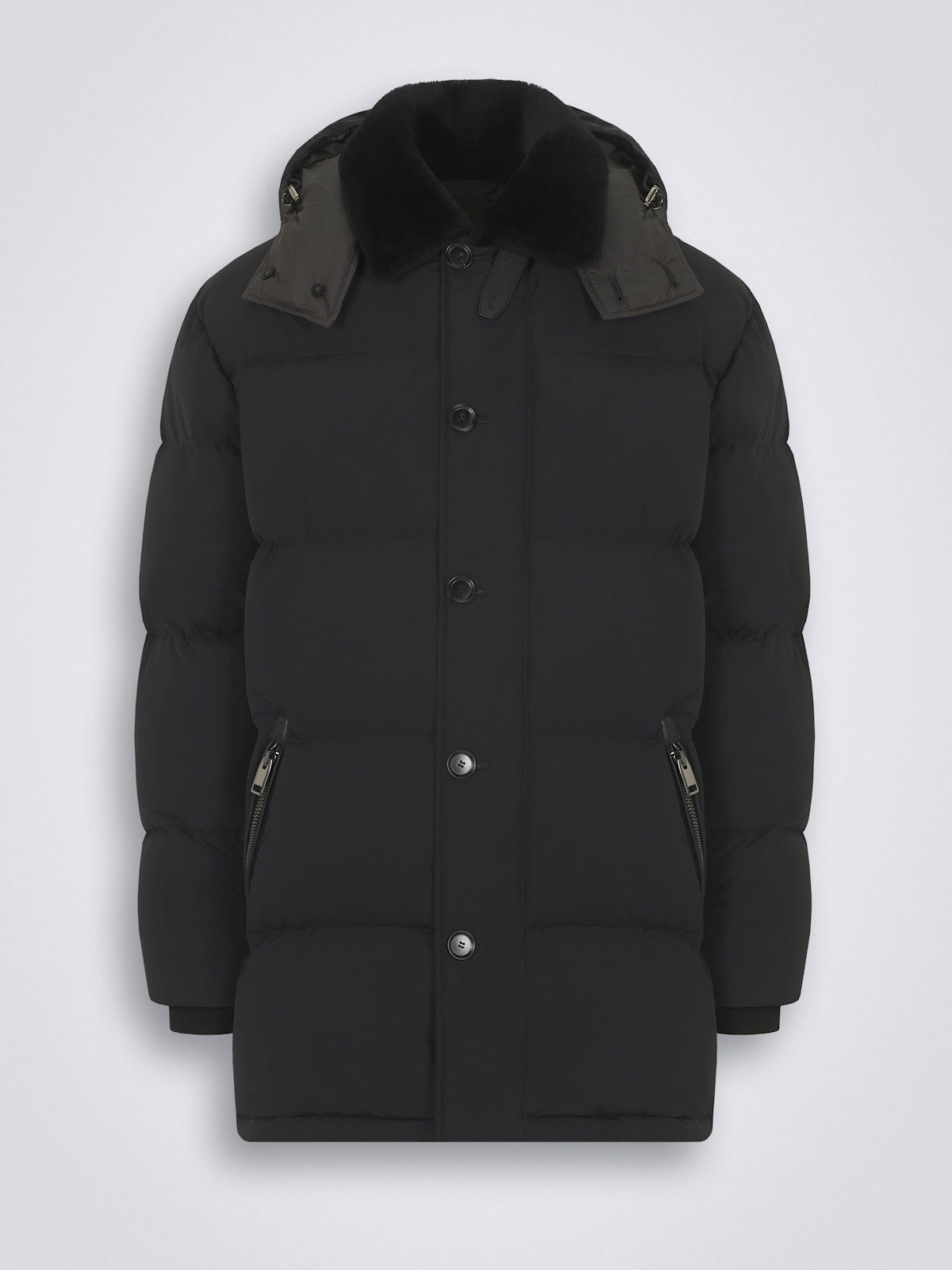 Black technical wool and nylon long puffer