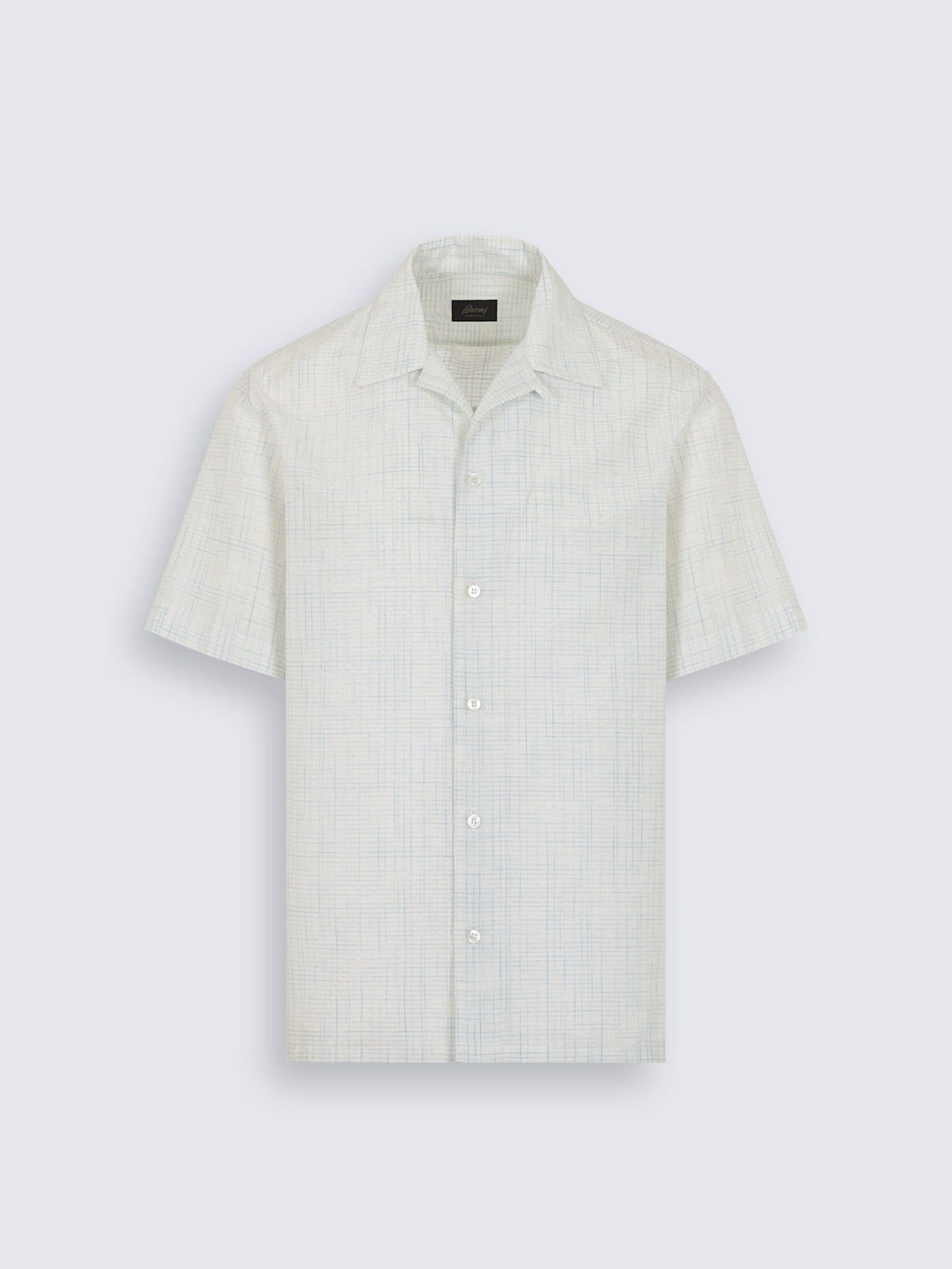 White and sky blue checked silk seersucker cuban shirt