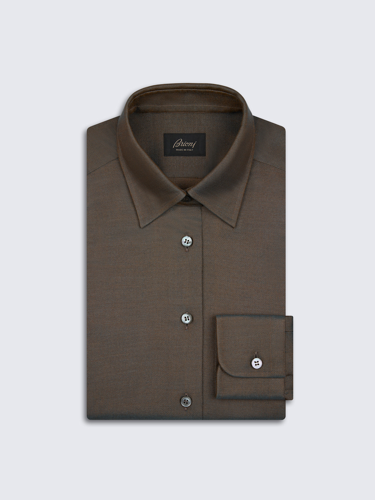 Iridescent brown silk hidden button-down shirt
