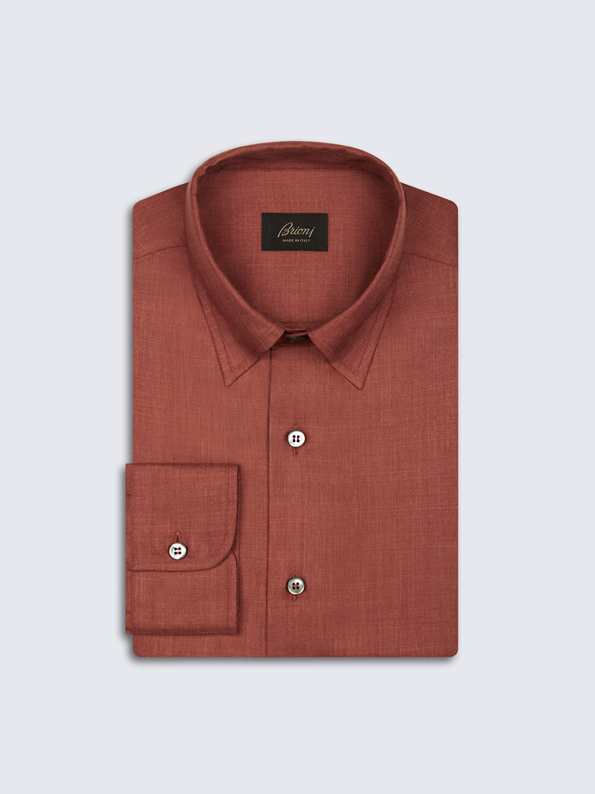 Pompeian red silk, cashmere, and linen hidden button-down shirt