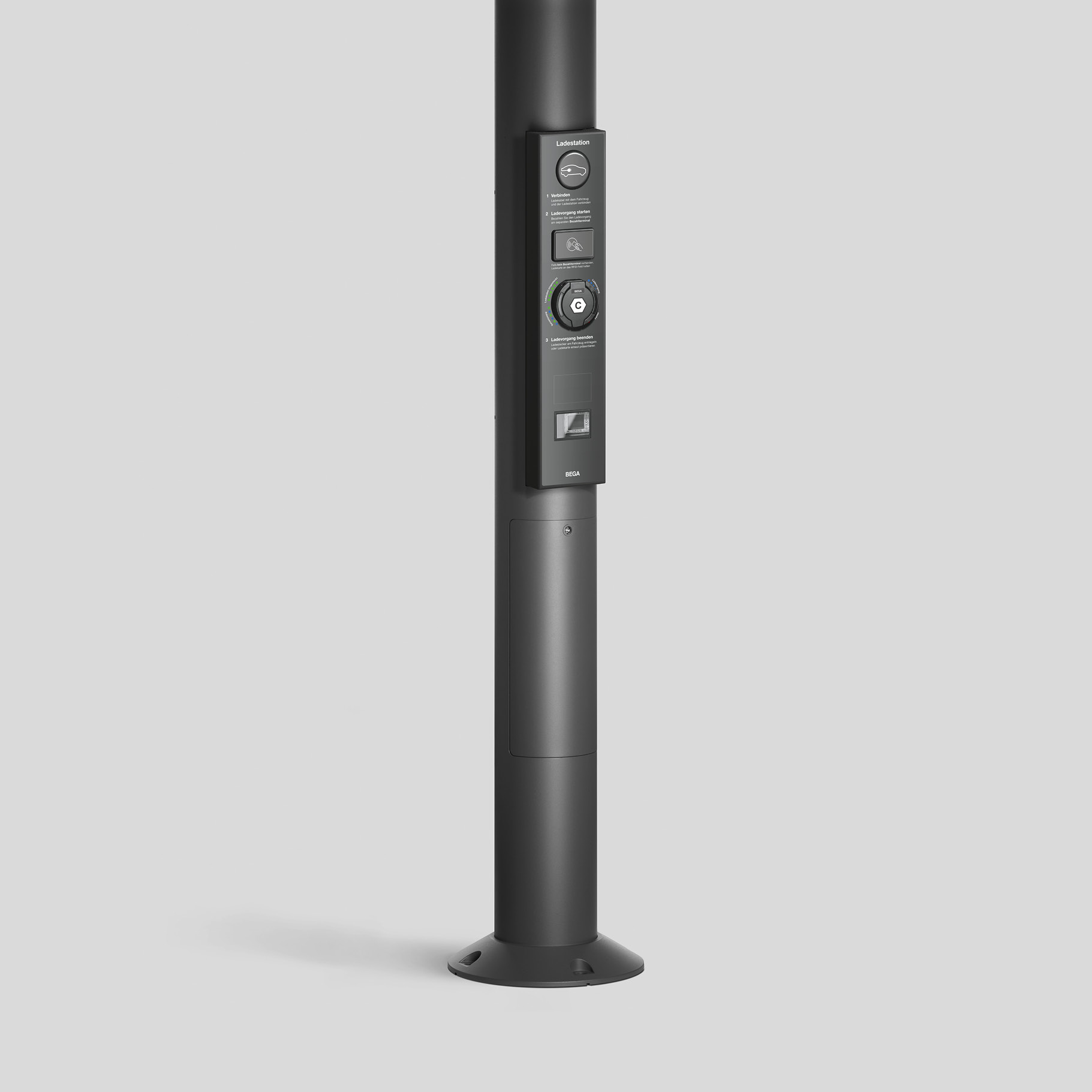 Cylindrically-set aluminium light poles with integrated loading unit · BEGA