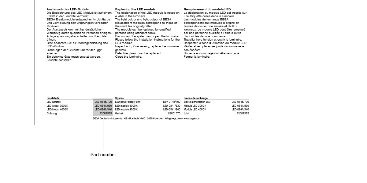 Replacement parts · BEGA