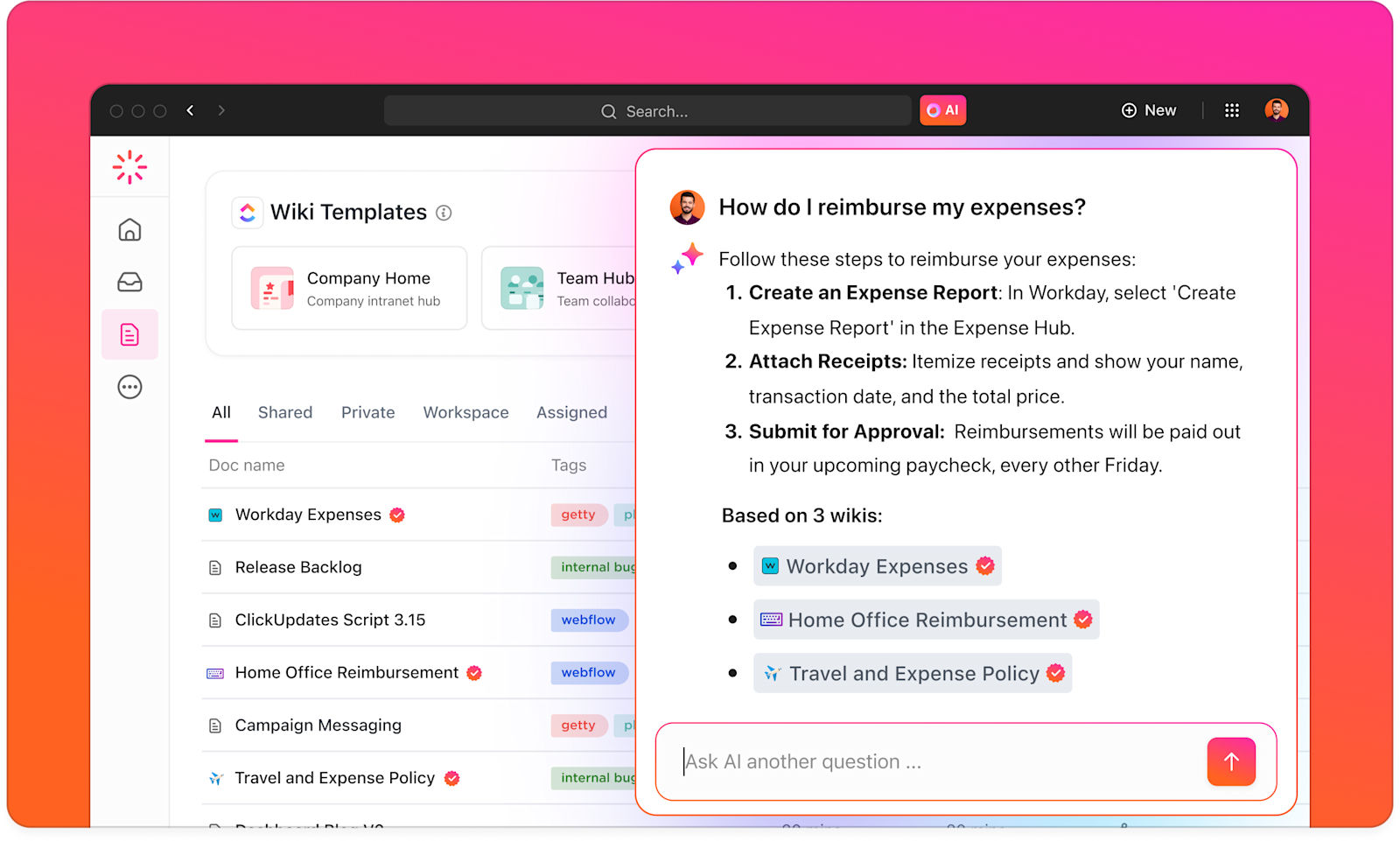 ClickUp Knowledge Management: Document, share, and instantly answer any question using AI.